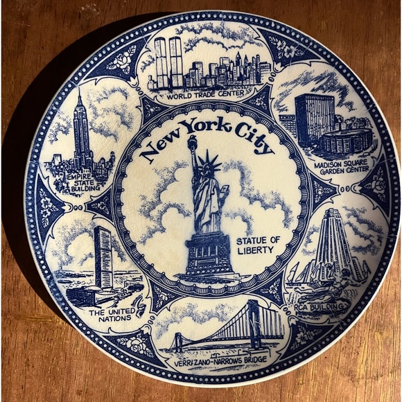 Source Unknown | Accents | New York City Blue Plate With Statue Of ...